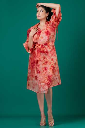 Buy Red Jacket: Organza Hand Embroidered Marble Dyed Jacket: With Dress ...
