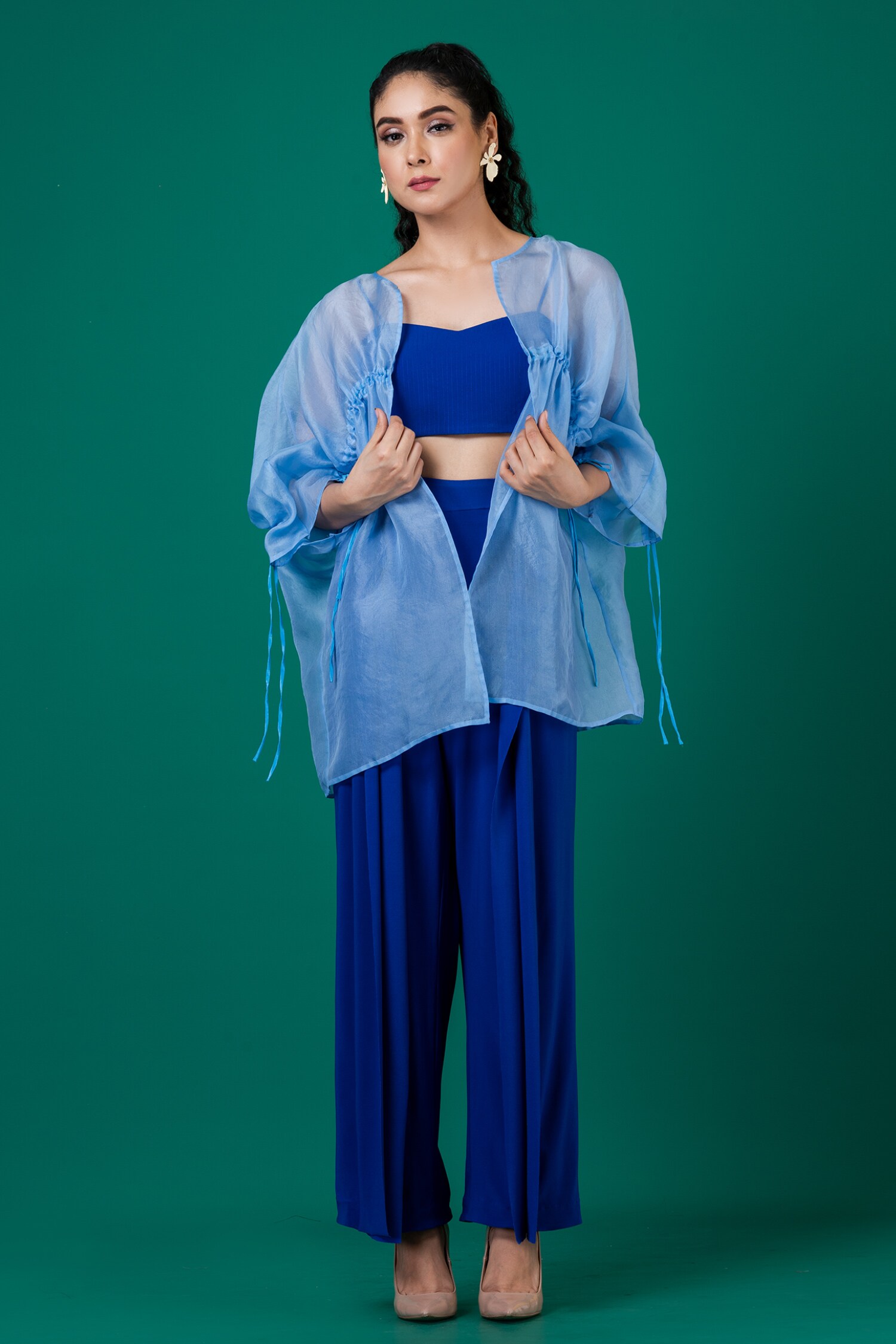 Buy Blue Lycra Hand Embroidered Thread Sweetheart Beads Jacket Pant Set ...