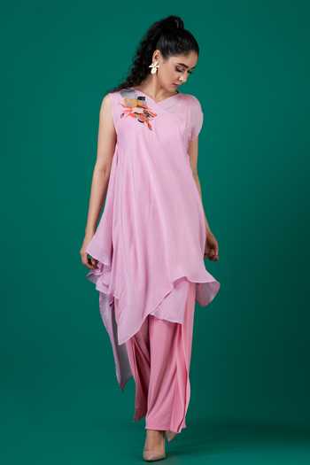 Buy Pink Flat Chiffon Hand Embroidered Thread Draped Top And Pant Set ...