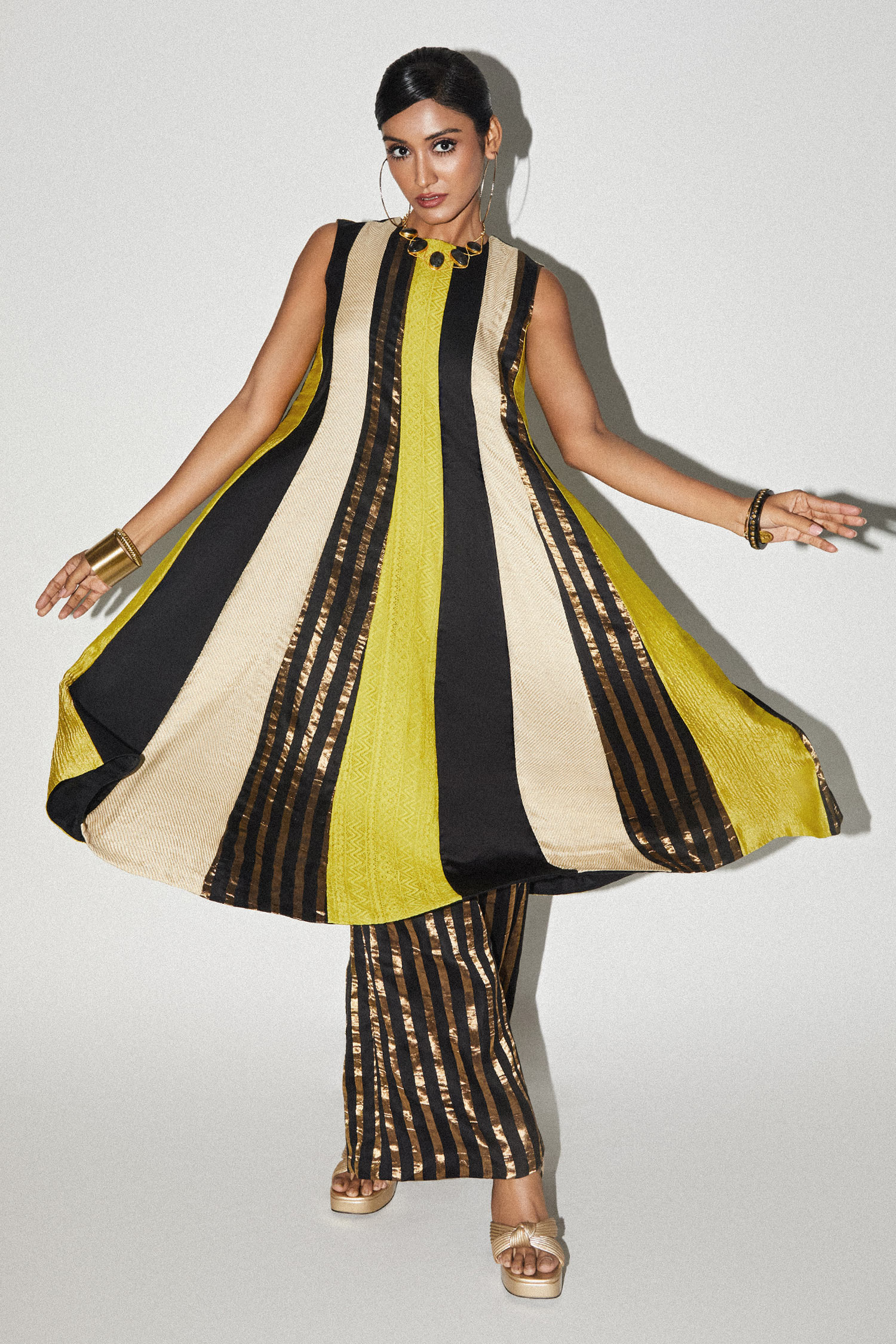 Buy Yellow Organza Woven Stripe Round Colorblock Tunic For Women by ...