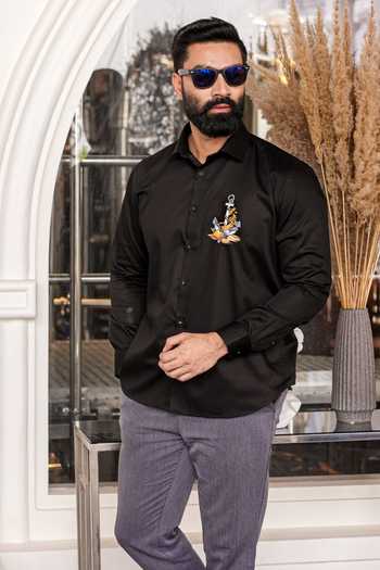 Buy Black Cotton Blend Anchor Of Fortune Hand Paint Shirt For Men by ...