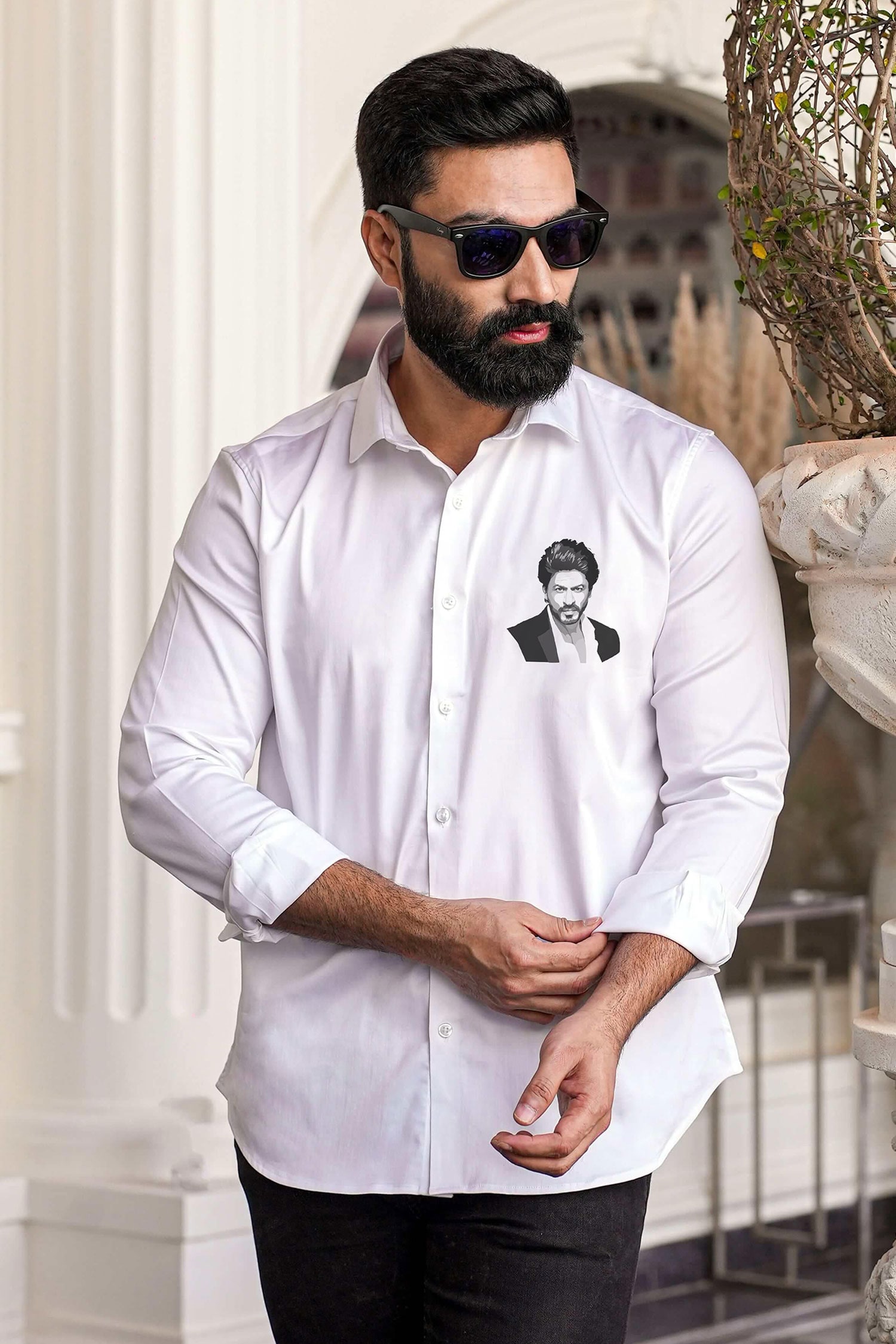 Buy White Cotton Blend Hand Painted Shahrukh Motif Shirt For Men by ...