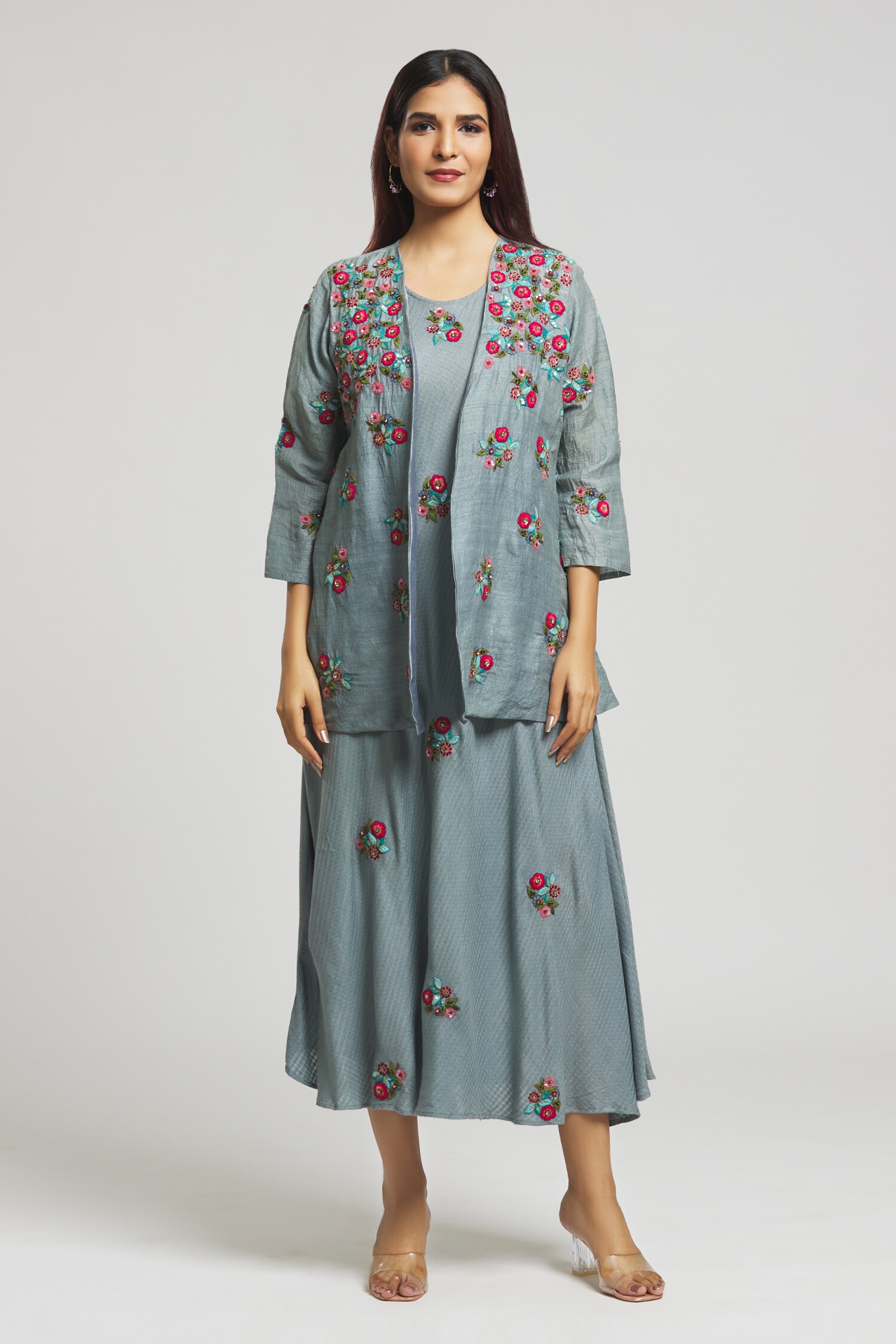 Buy Blue Organic Silk Jacquard. Embroidered Thread Jacket: Open With ...