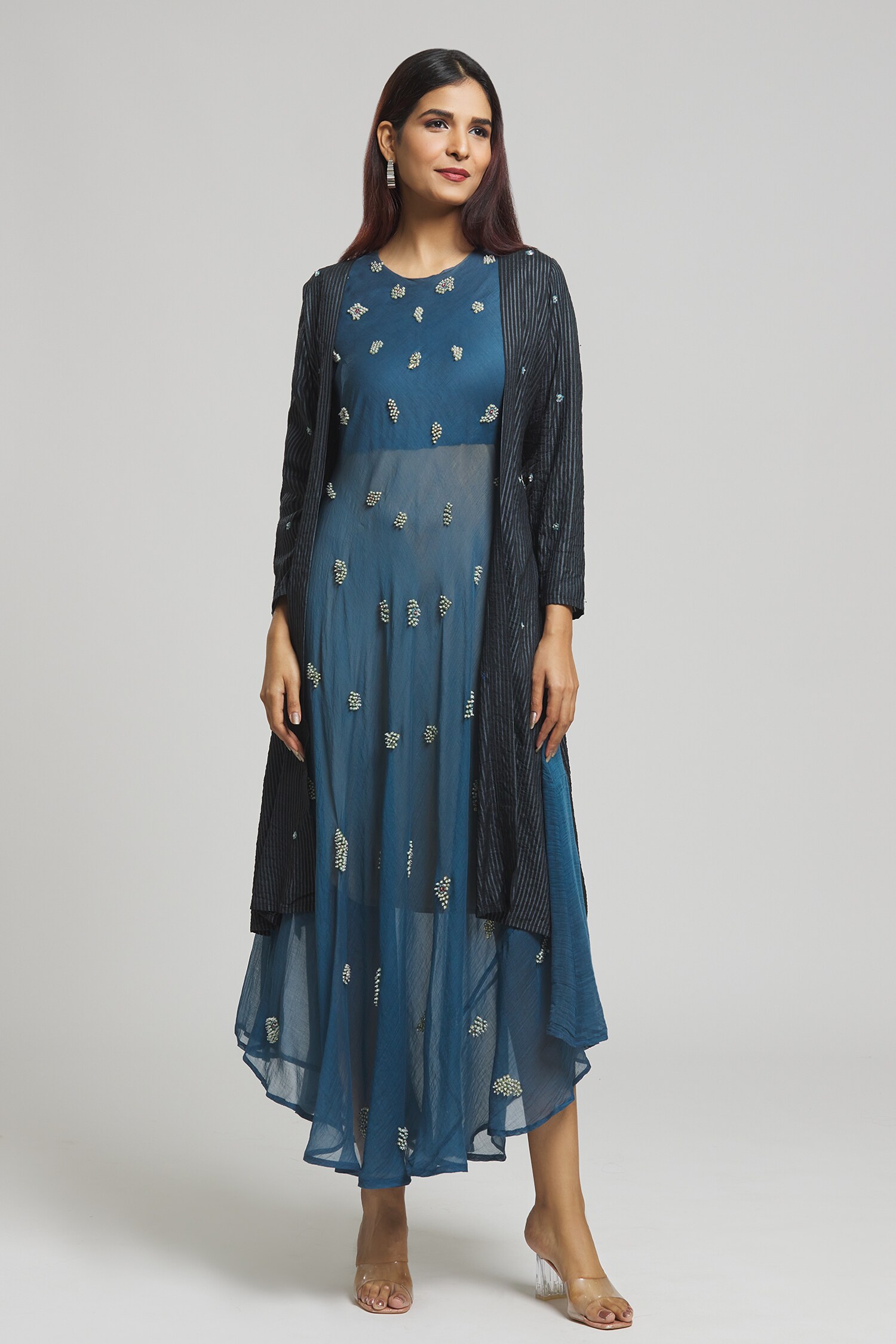 Buy Blue Organic Silk Embroidered Pearl Shrug: Embellished With Dress ...