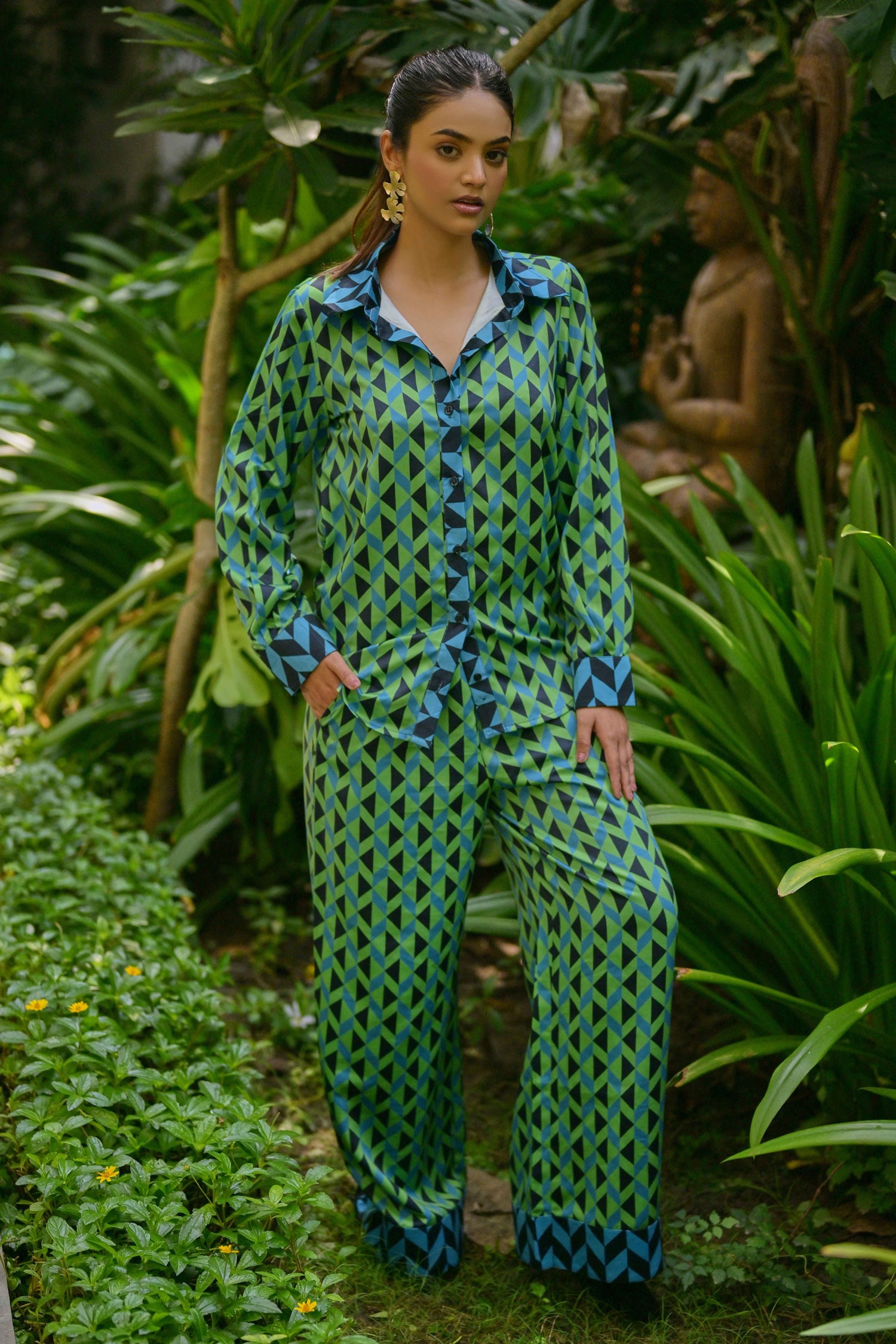 Buy Multi Color Poly Satin Printed Geometric Spread Shirt And Palazzo