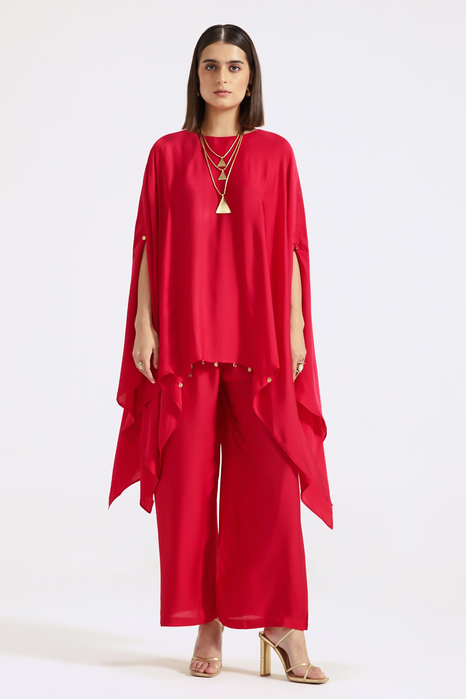 Buy Red Modal Satin Embroidery Metal Coin Boat Asymmetric Top And Pant ...