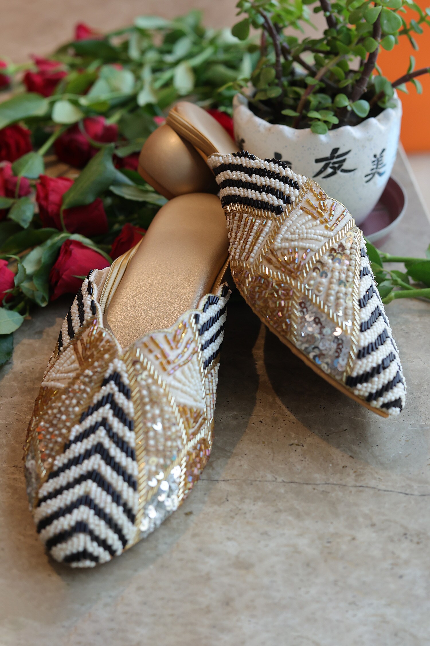 Buy Gold Embellished Khayal Pearl And Bead Work Mule Heels by Foot Fuel ...