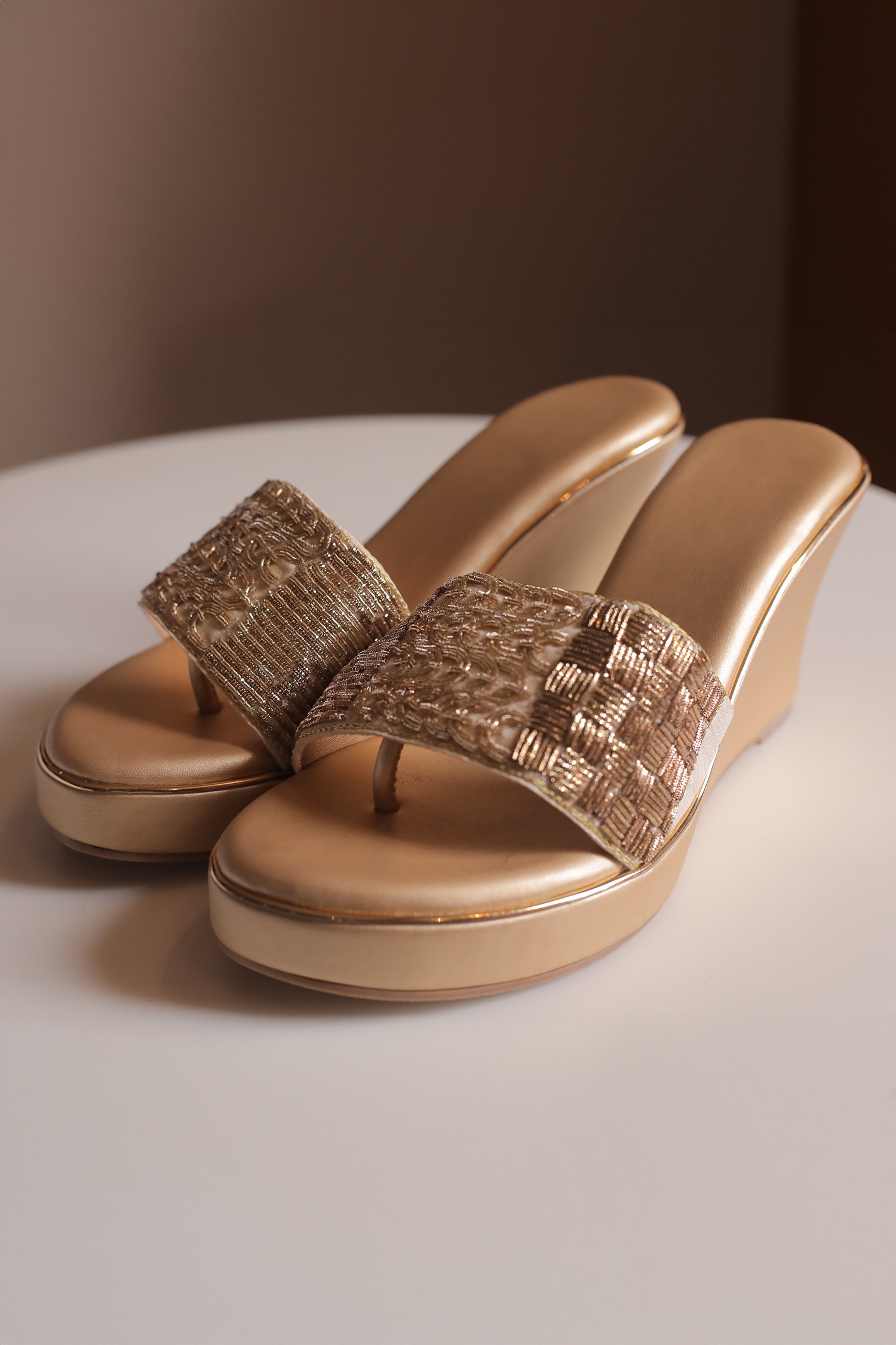 Buy Gold Embellished Khami Knotted Zardosi Work Wedges by Foot Fuel ...