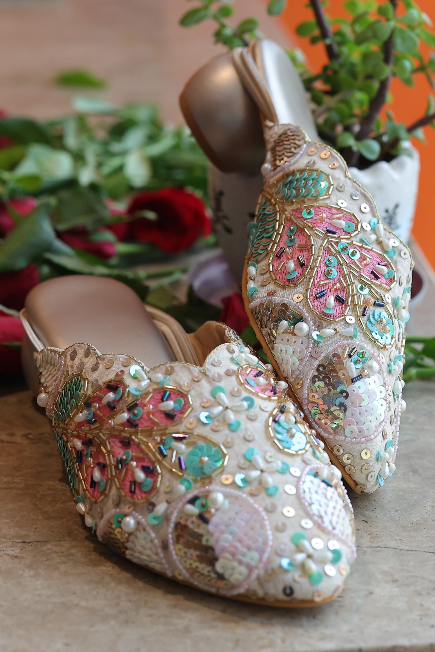 Buy Multi Color Beads Deewani Plumeria Embellished Matka Heels by Foot ...