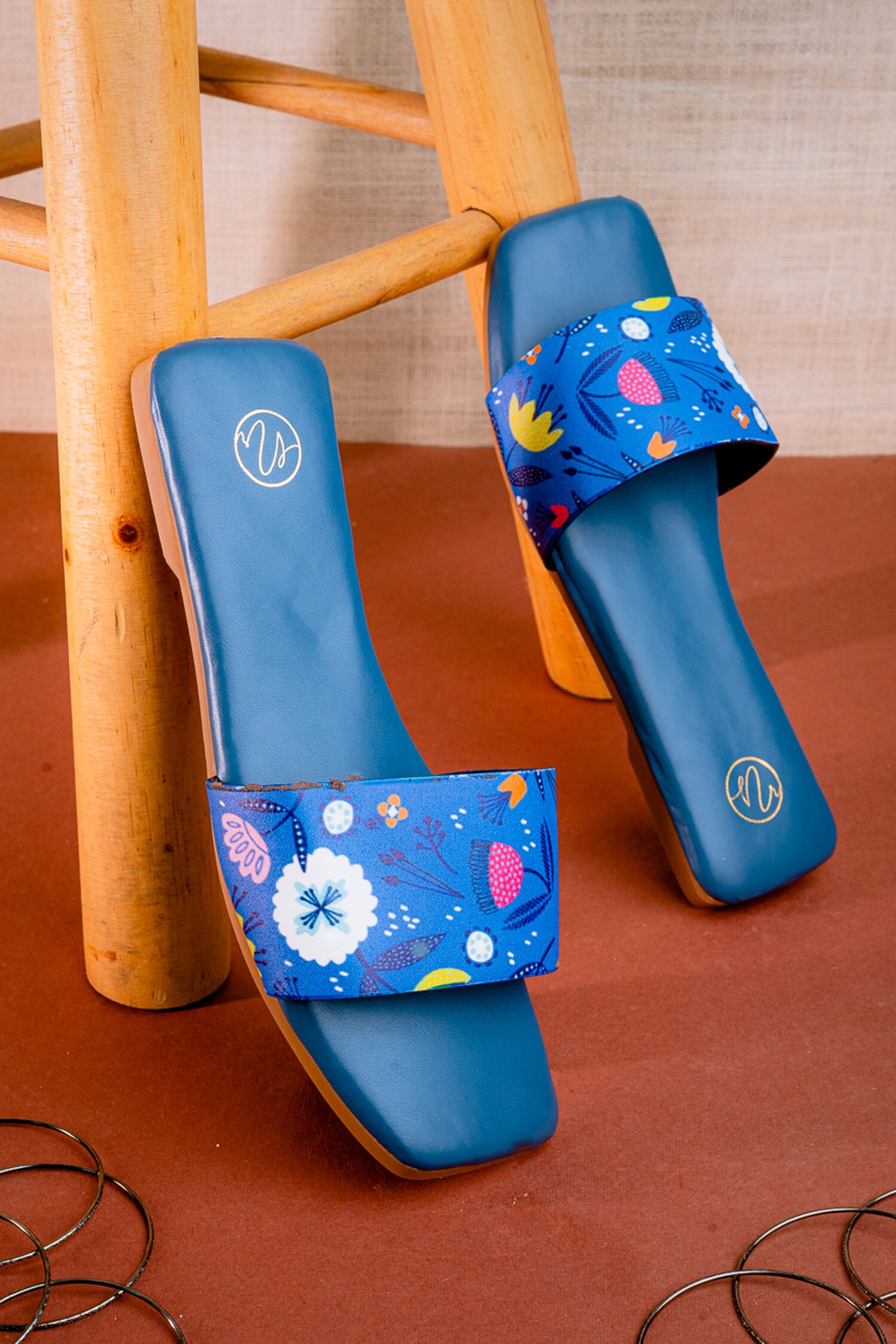 Buy Blue Floral Print Open Toe Flats by NR BY NIDHI RATHI Online at Aza ...
