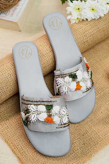 Buy Grey Shells Pearls Embellished Open Toe Flats by NR BY NIDHI RATHI ...