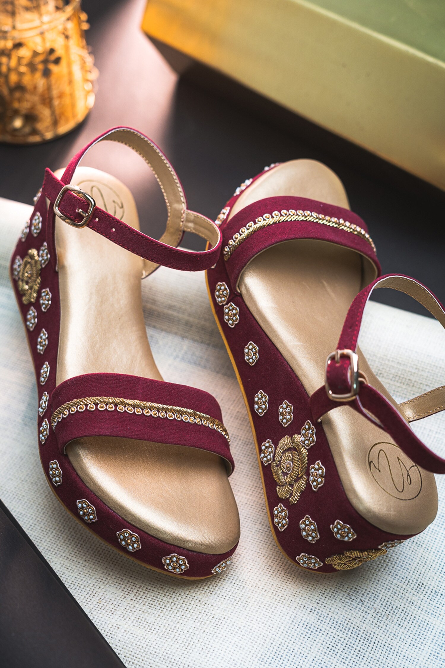 Buy Maroon Embellished Suede Floral Work Wedges by NR BY NIDHI RATHI ...