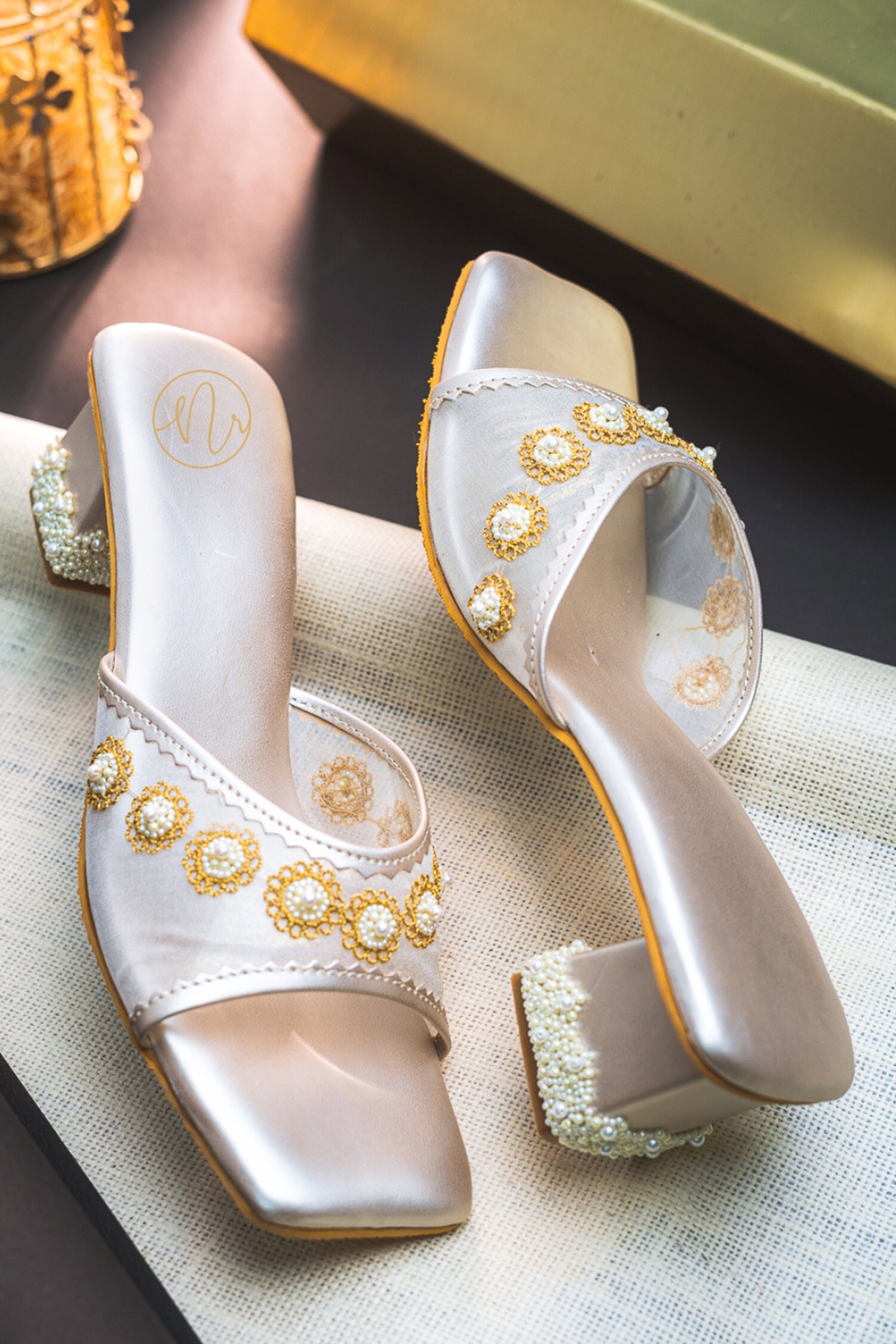 Buy Beige Embellished Floral Butti Heels by NR BY NIDHI RATHI Online at ...