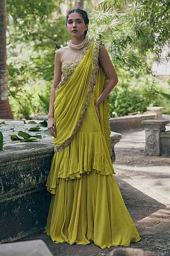 Buy Yellow Pre-draped Saree: Georgette Border With Corset Blouse For ...