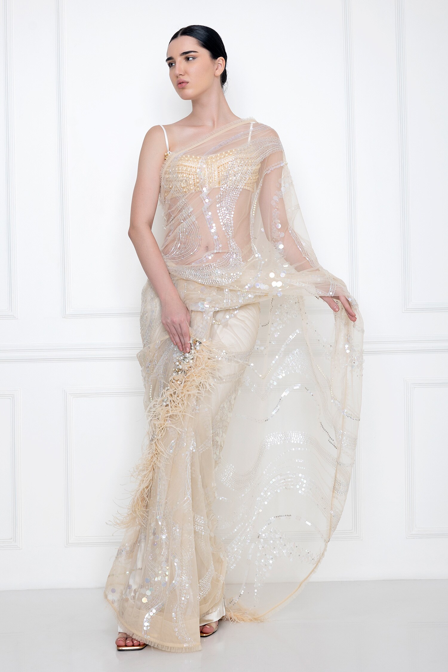 Buy Grey Net And Polyester Satin Embroidery Thread Sequin Embellished ...