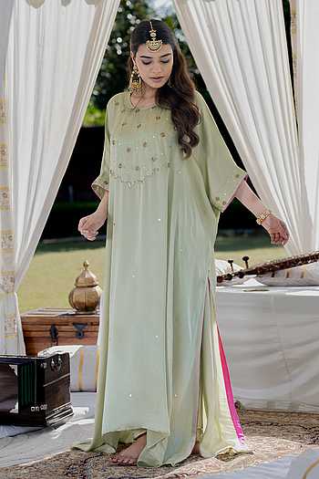Buy Green Cotton Modal Embroidered Sequin Round And Aari Kaftan & Pant ...