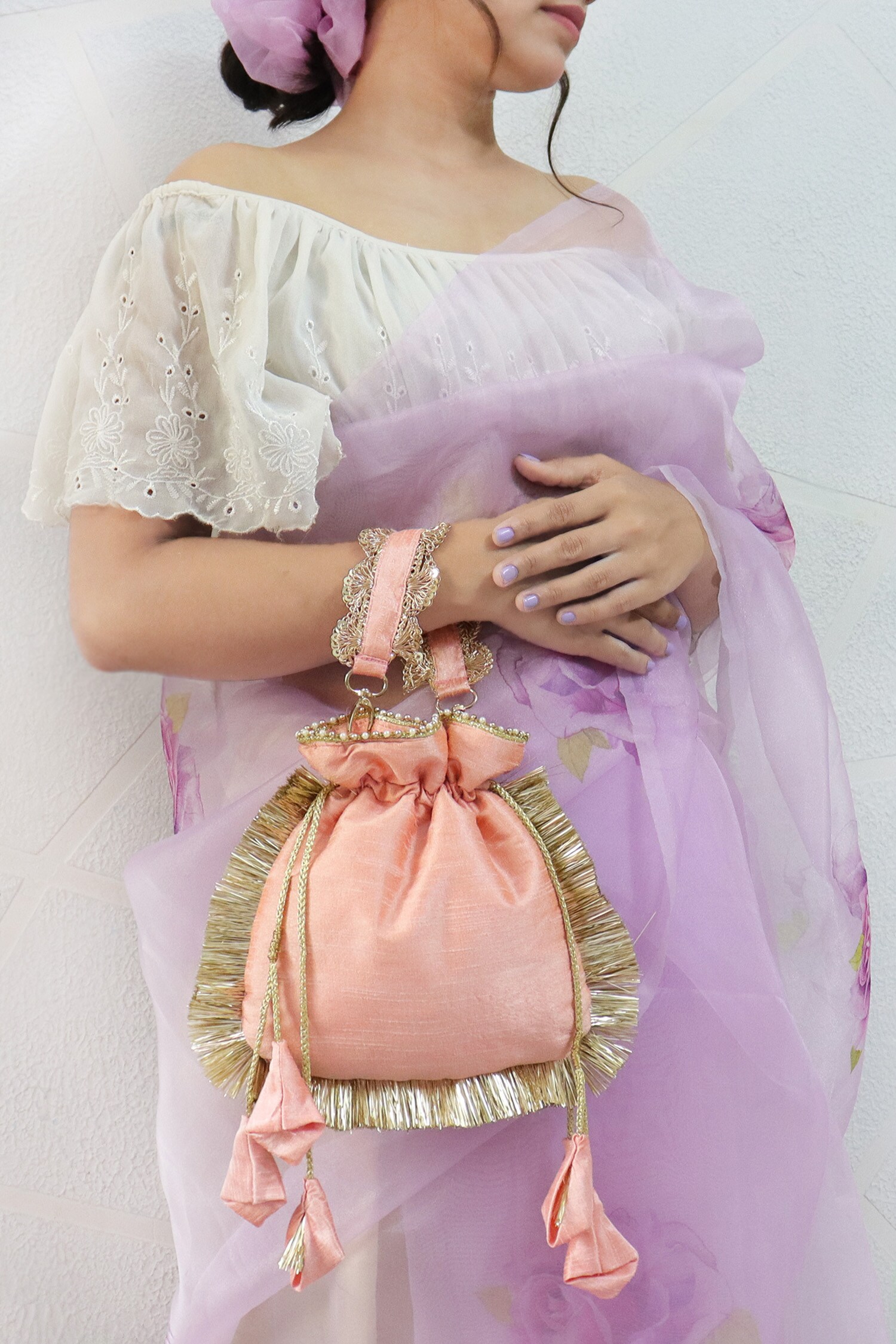 Buy Orange Embellished Kiran Lace Potli by Soho Boho Studio by Aarti ...