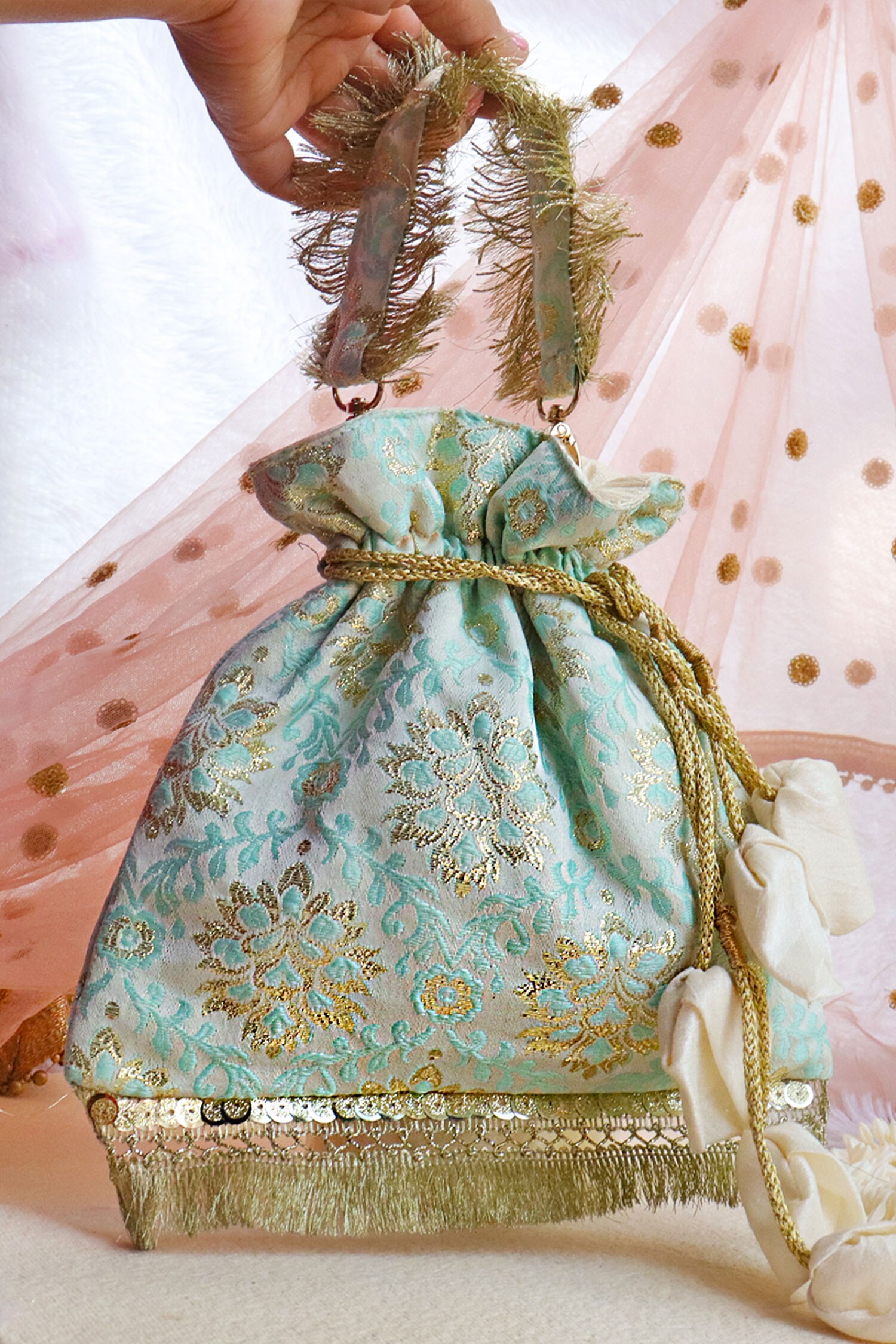 Buy Green Embroidered Floral Pattern Potli by Soho Boho Studio by Aarti ...