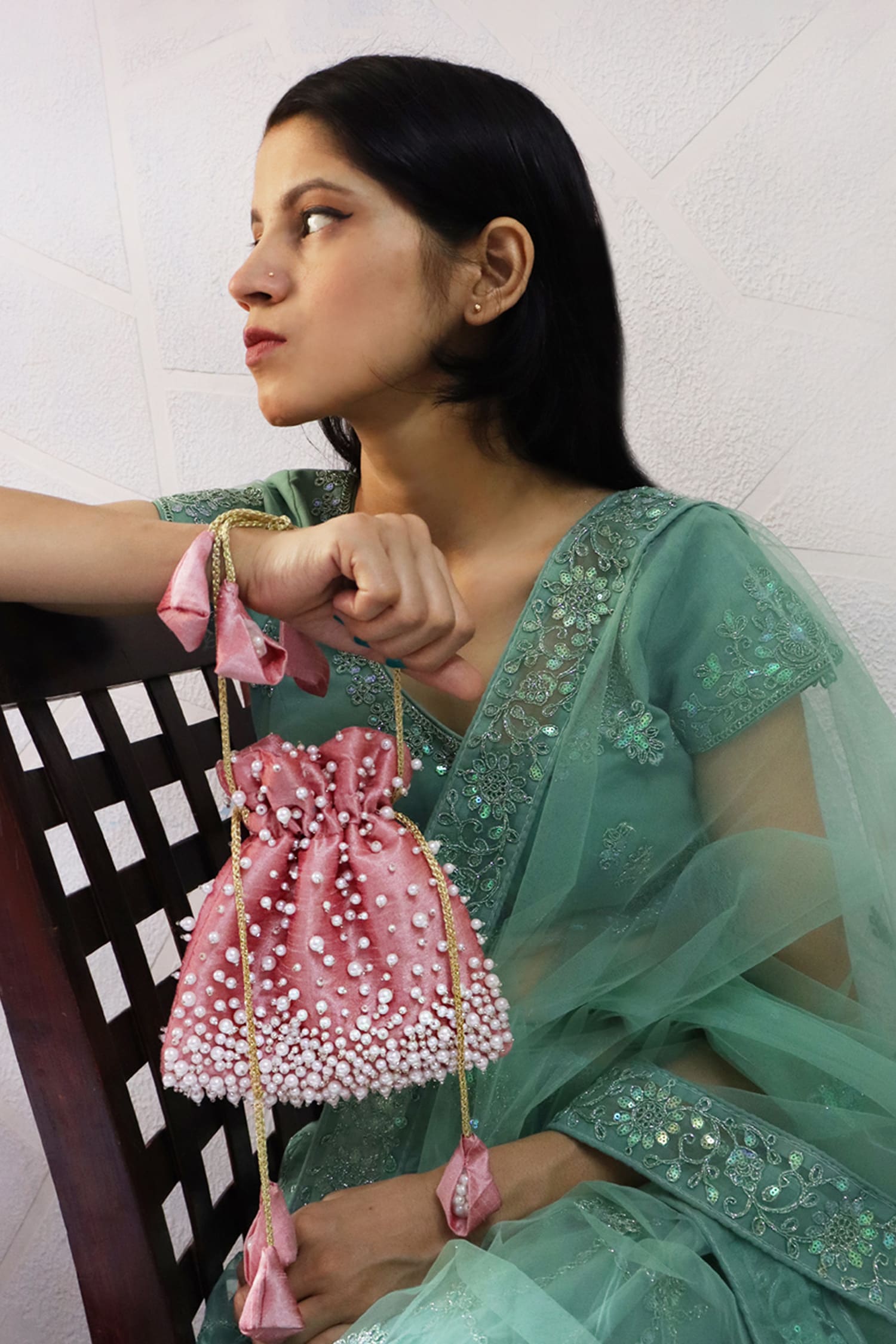 Buy Pink Embellished Silk Pearl Potli by Soho Boho Studio by Aarti ...
