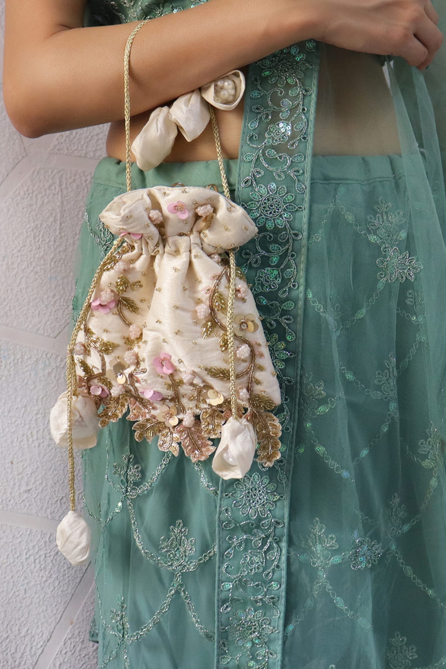 Buy White Embellished Silk Pearl Floral Potli by Soho Boho Studio by ...
