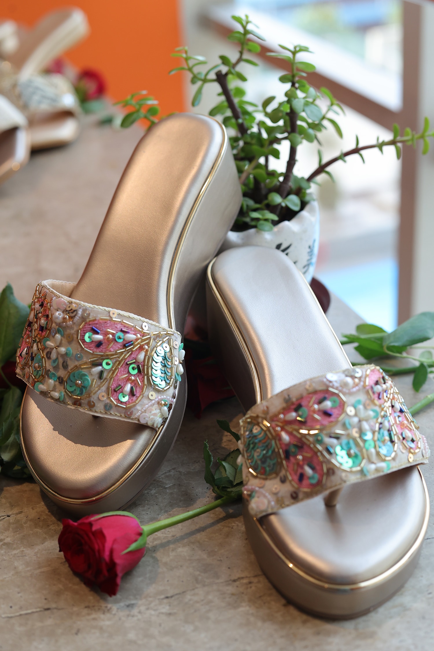 Buy Multi Color Beads Kab Miloge Bloom Embellished Wedges by Foot Fuel ...