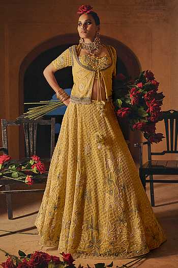 Buy Yellow Tulle Hand Embroidery Lillah Bahaar Lehenga Jacket Blouse ...