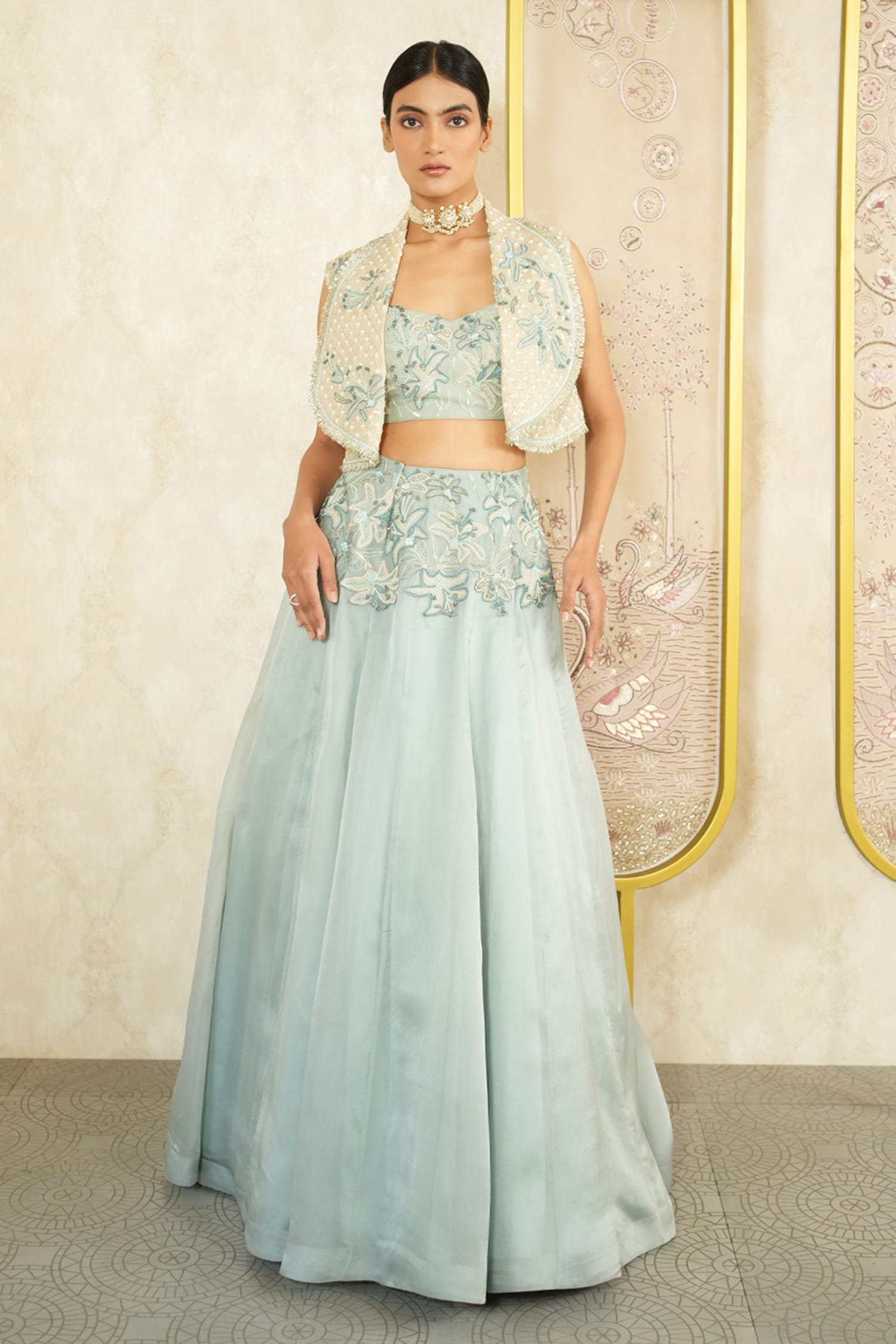 Buy Blue Satin Silk Organza Hand Aasmani Zanbaq Lehenga And Akira Gilet ...
