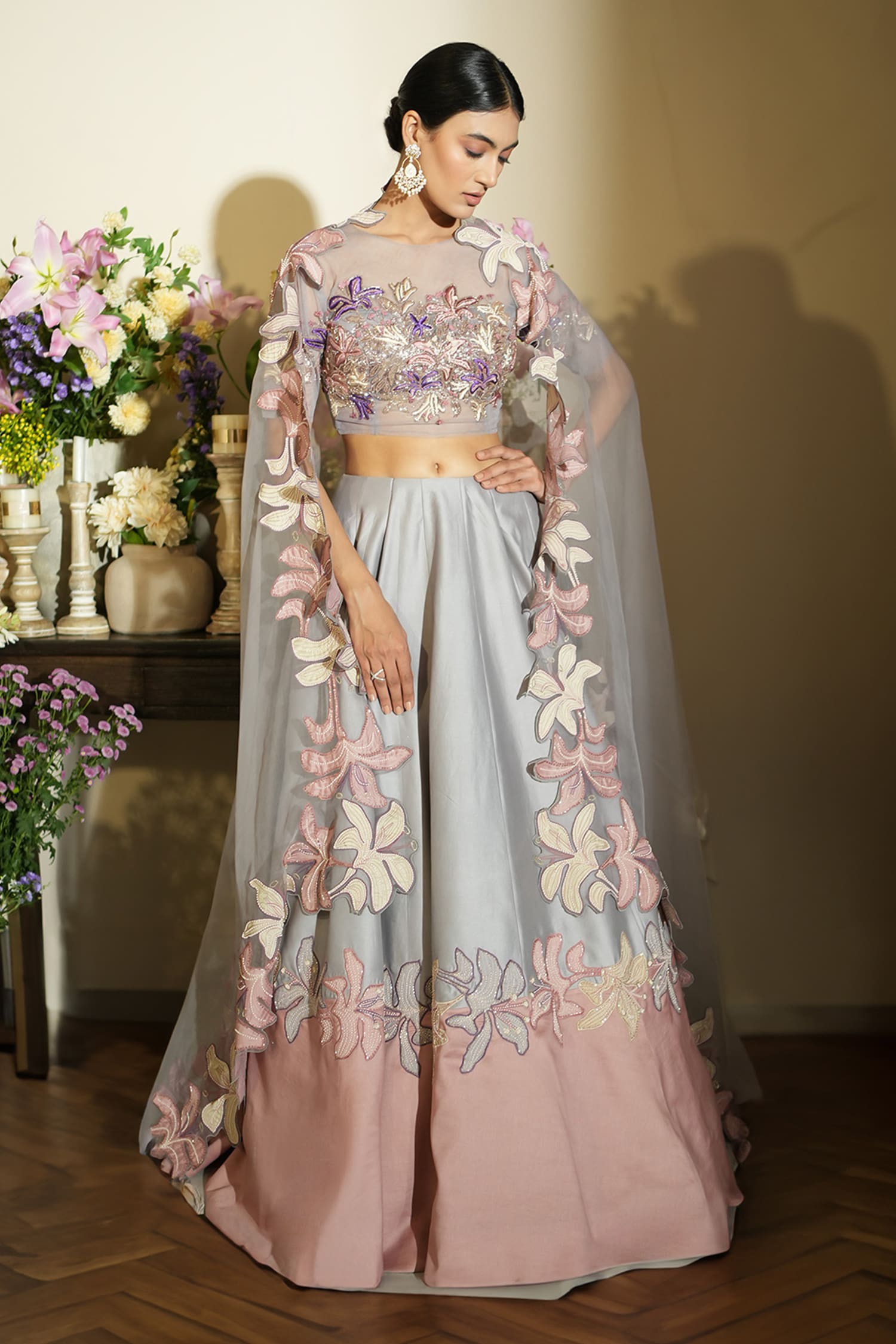 Buy Purple Silk Chanderi Hand Embroidery Lilies Layah Two Tone Lehenga ...