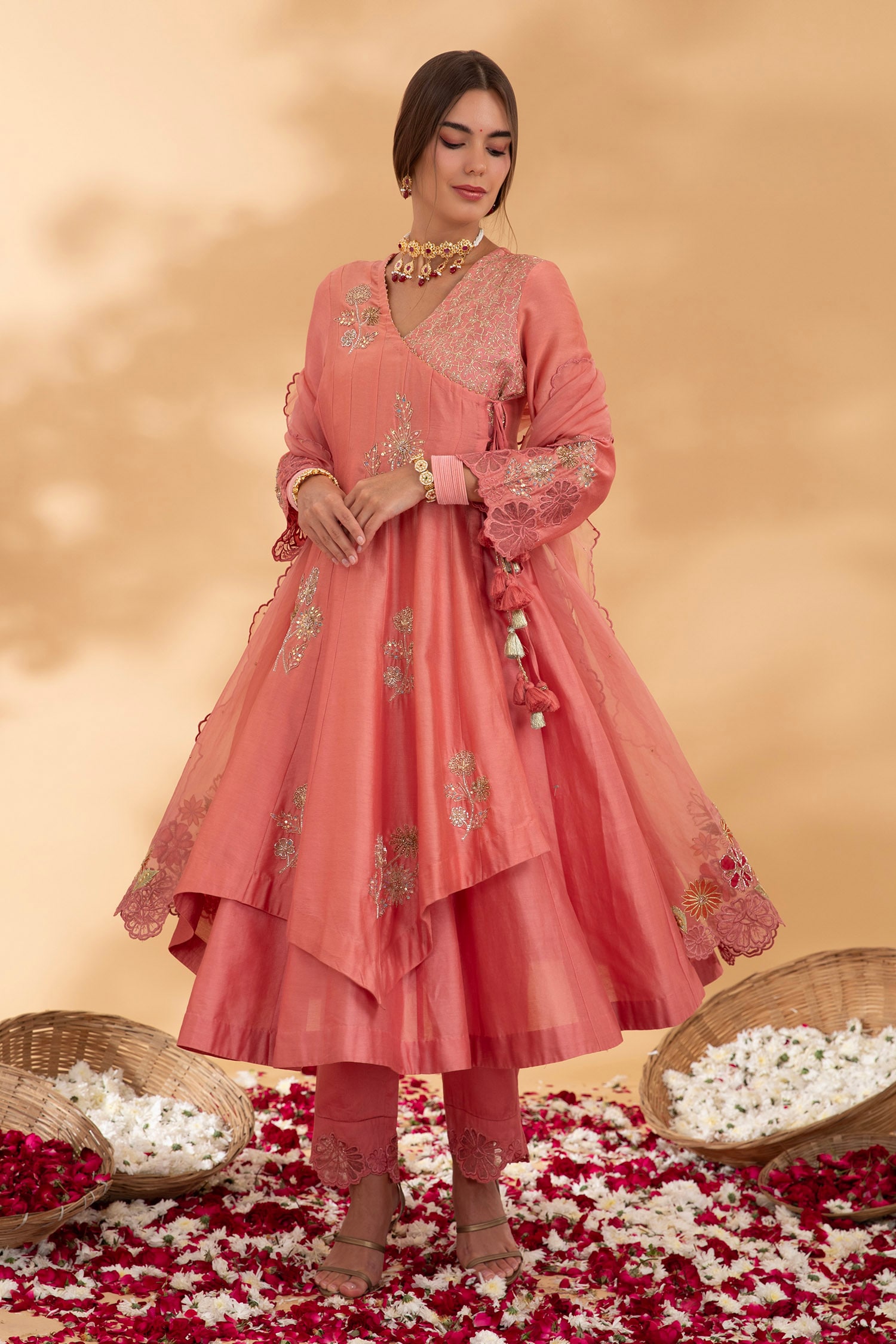 Buy Pink Kurta Chanderi Embroidery Floral Gulshan Angrakha Anarkali Set ...