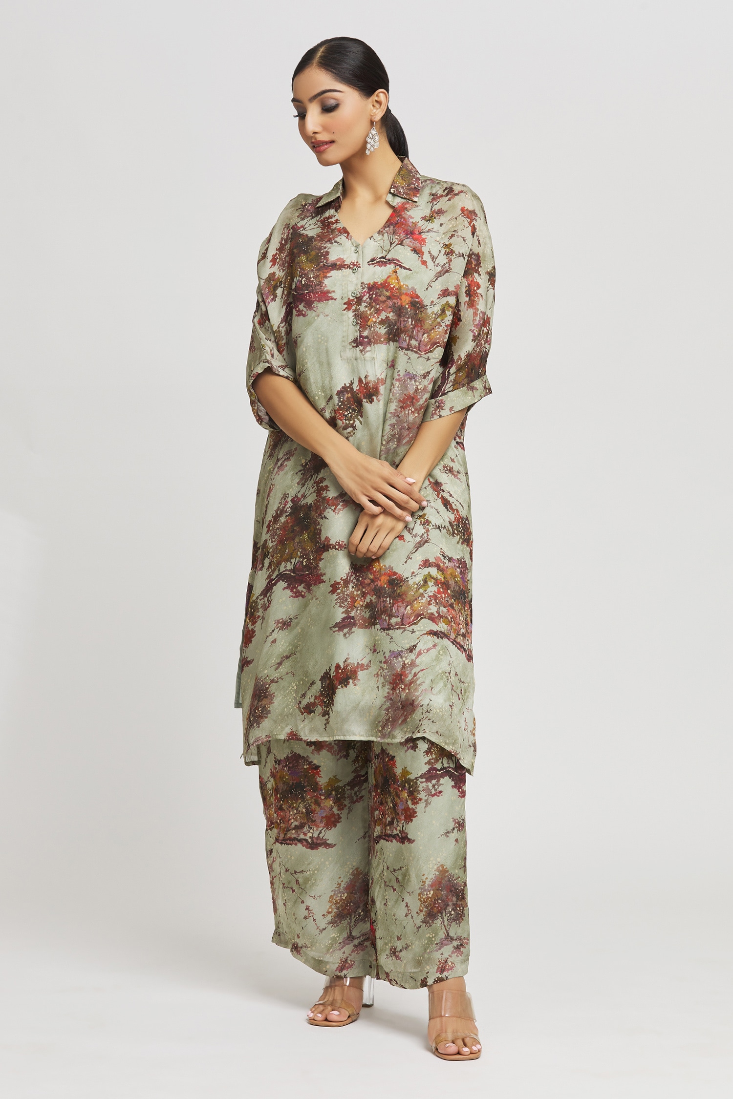 Buy Green Organza Satin Printed Tree Collar Tunic And Pant Set For ...