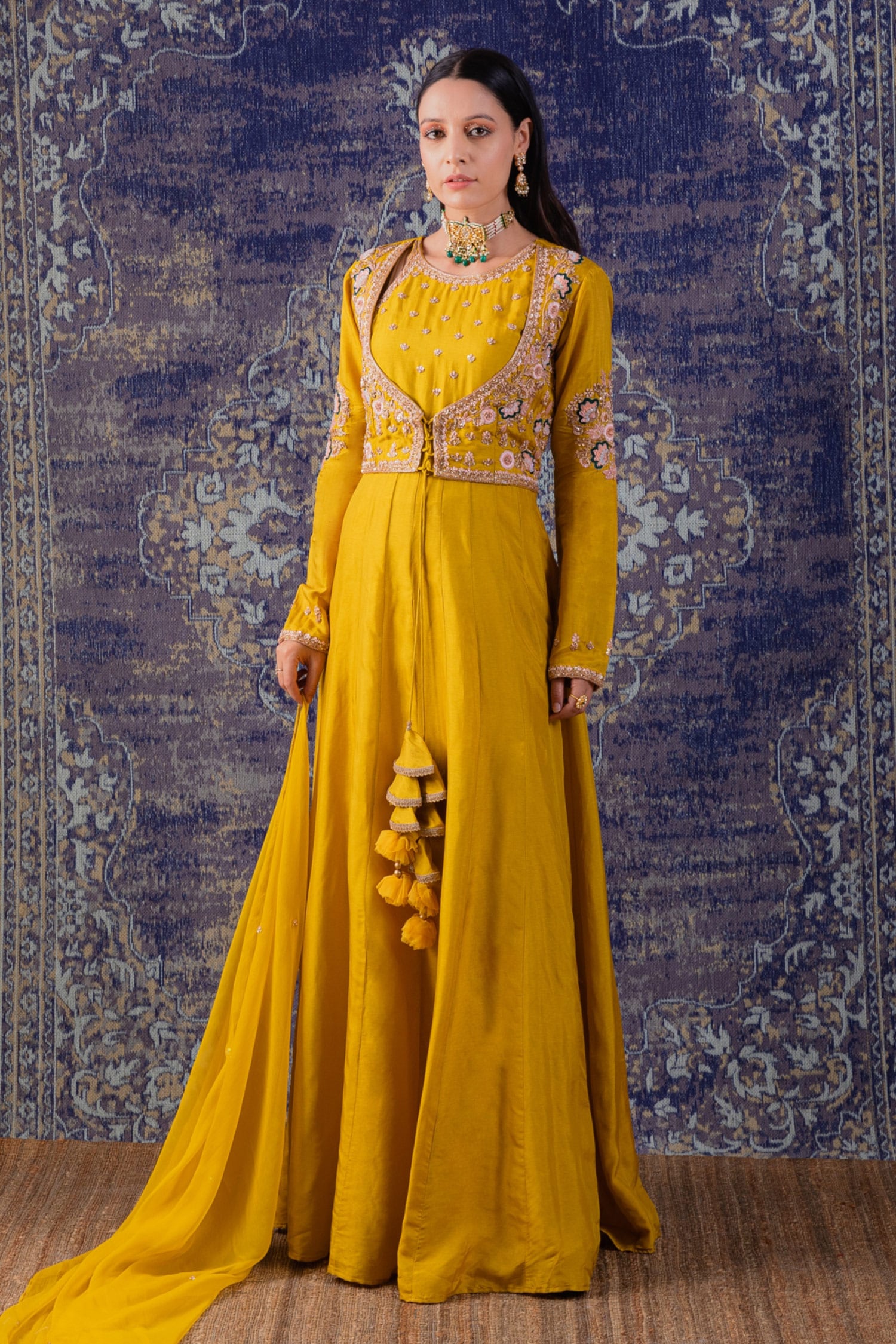 Buy Yellow Bamberg Silk Sequins Mughal Bloom Anarkali With Dupatta For ...