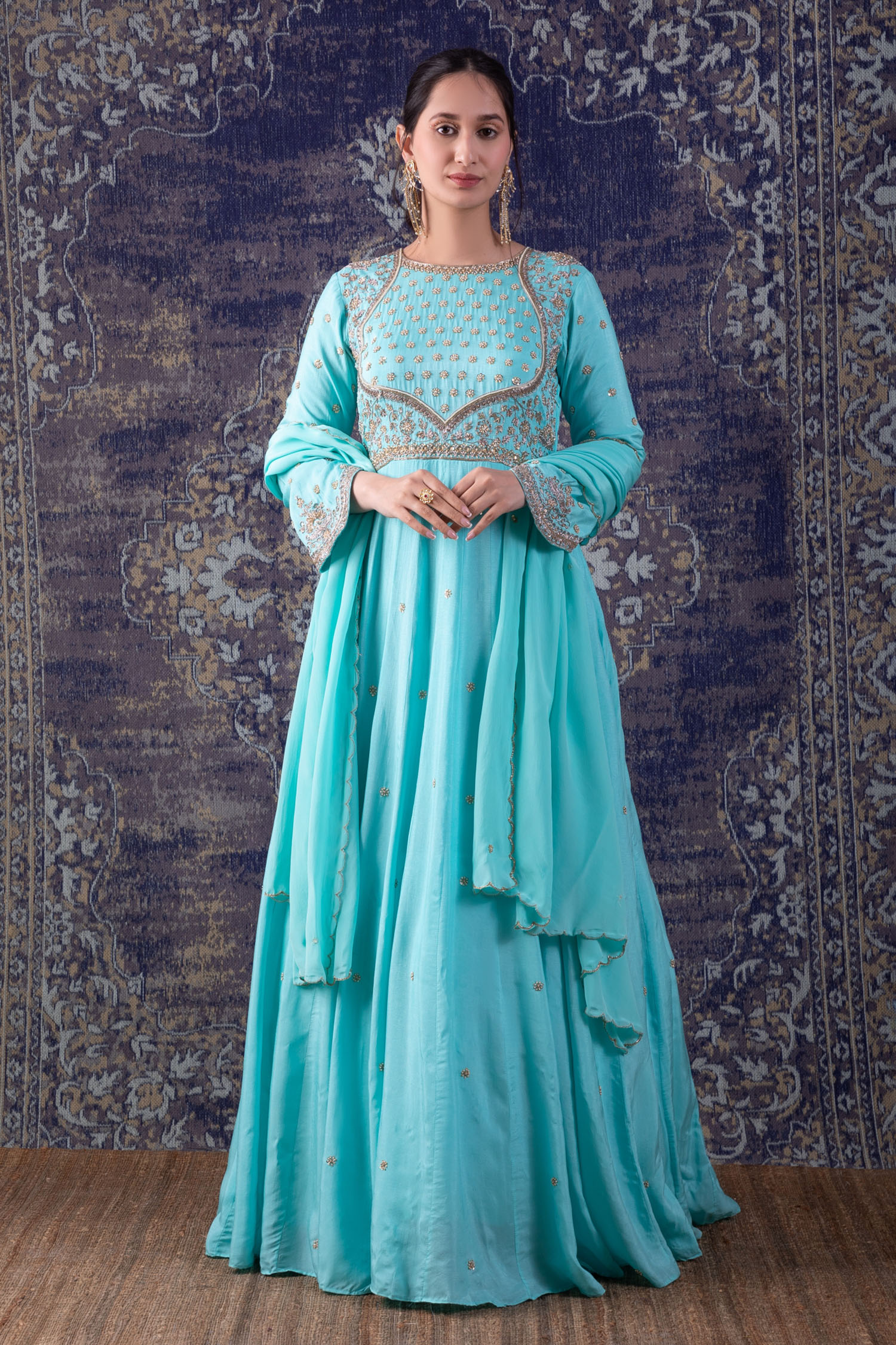 Buy Blue Dupion Silk Pearl Embroidery Mughal Flora Anarkali With ...