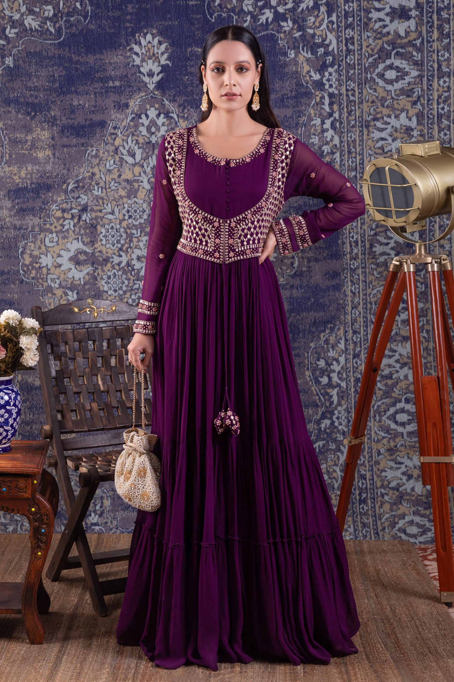 Buy Purple Georgette Embroidery Round Neck Persian Jaal Anarkali For ...