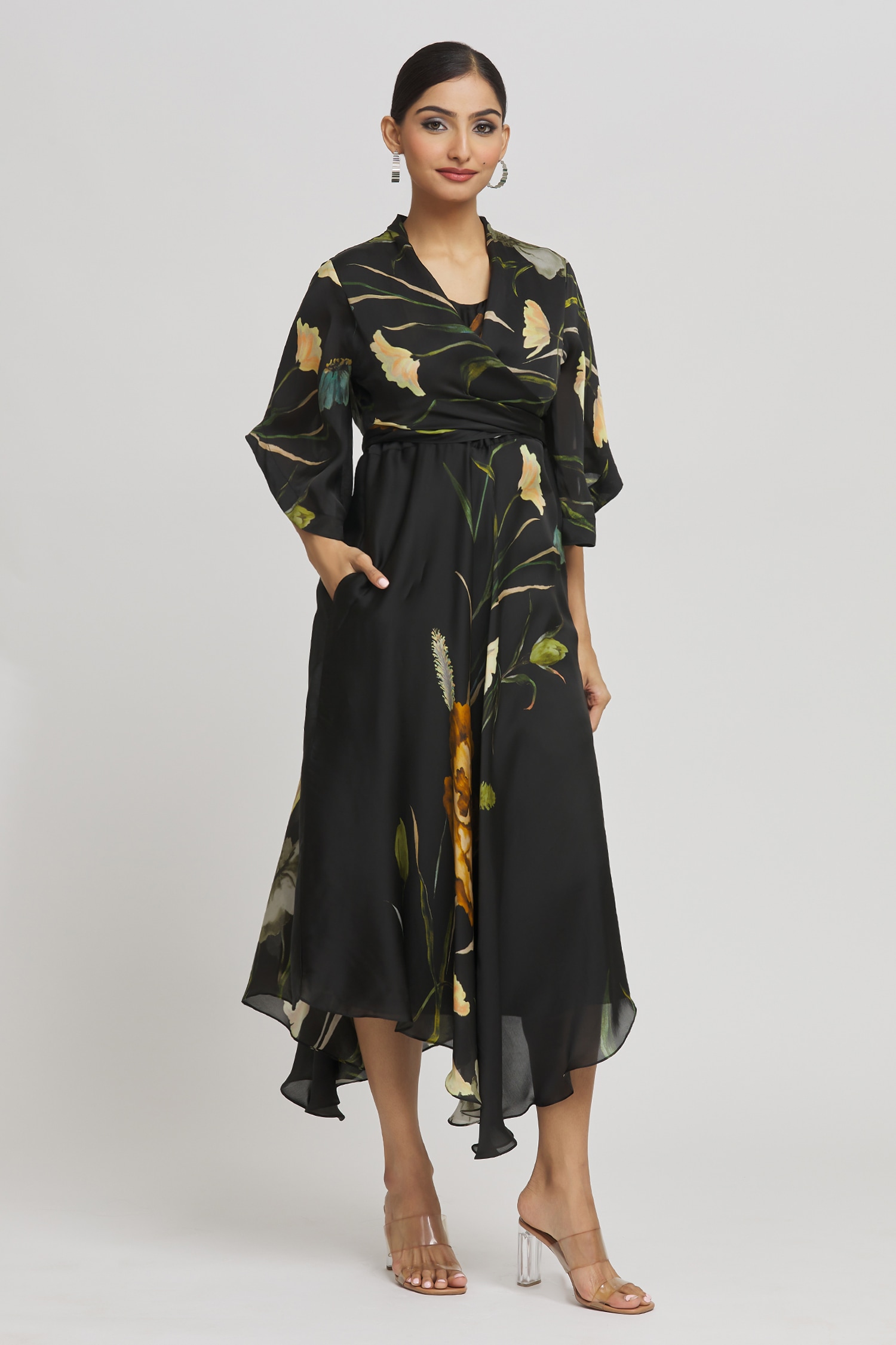 Buy Black Organza Satin Printed Flower V Neck Botanical Dress For Women ...