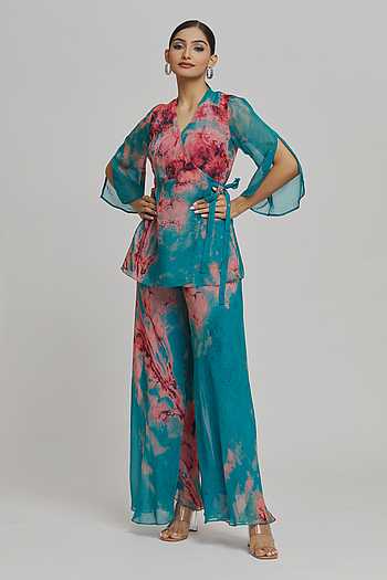 Buy Blue Organza Placement Brush Stroke Pattern Two Tone Top With Pant ...