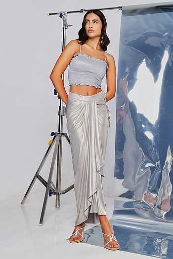 Buy Silver Lycra Lame Square Metallic Smocked Top For Women by Style ...