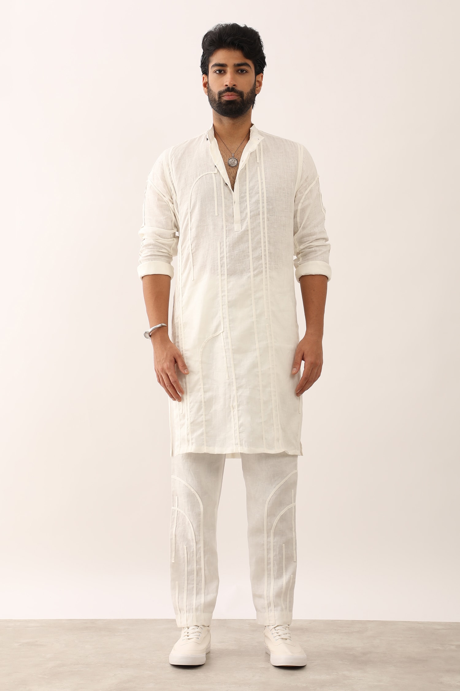 Buy White 100% Linen Plain Zeshan Applique Texture Kurta For Men by Son ...