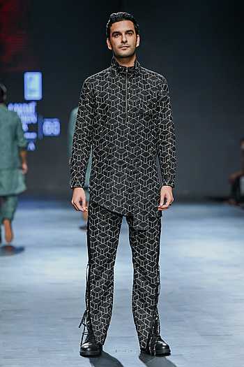 Buy Black 100% Linen Printed Ruban Top And Trouser Set For Men by Son ...