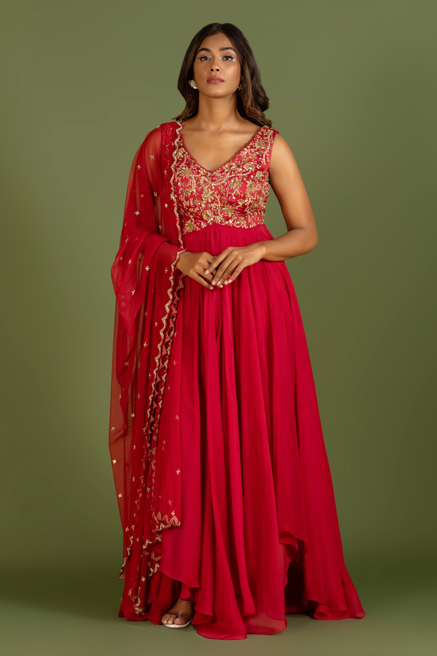 Buy Red Organza Embroidery Zardozi V Neck Yoke Anarkali Set For Women ...