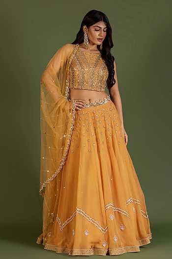 Buy Yellow Organza Embroidery Sequin Round Geometric Lehenga Set For ...