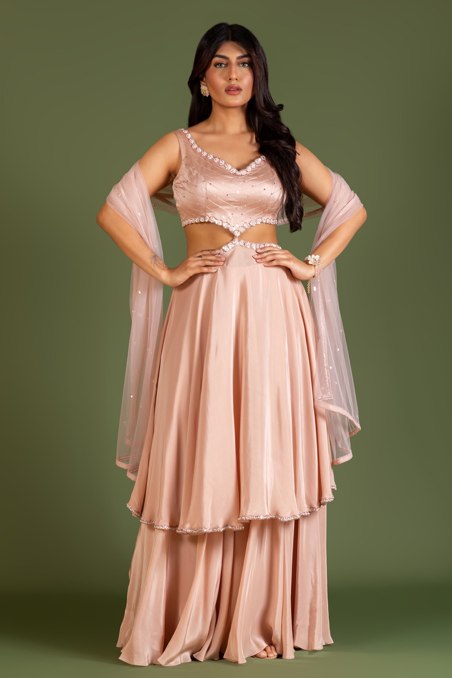 Buy Beige Crepe Silk Embroidery Cutdana V Neckline Crop Top Sharara Set ...