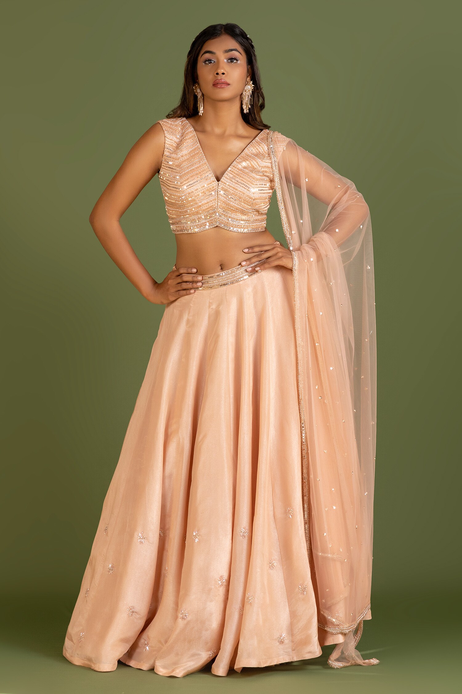 Buy Peach Zari Tissue Cut Matrix Pattern Embellished Blouse Lehenga Set ...