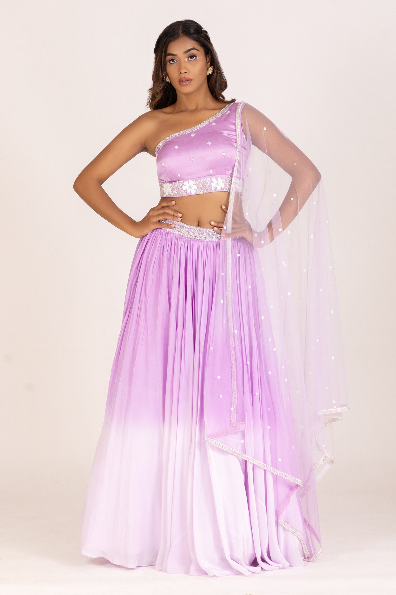 Buy Purple Linen Satin Cut Dana Plumeria Blouse Ombre Lehenga Set For ...