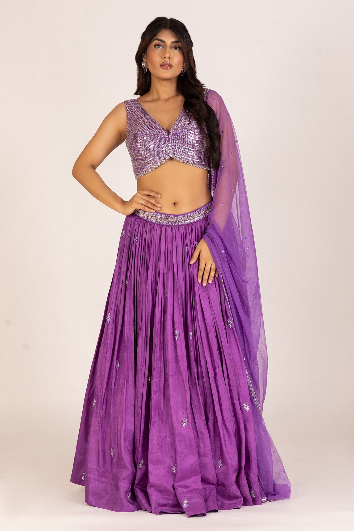 Buy Purple Linen Satin Sequins Embroidery V Encrusted Blouse Lehenga ...