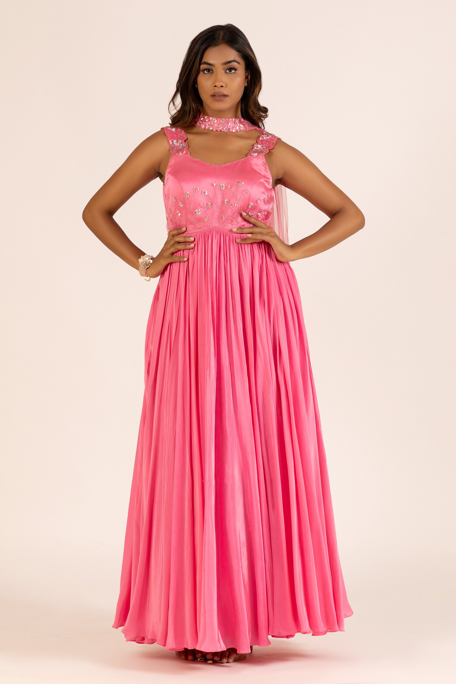 Buy Pink Crepe Silk Sequins Gardenia Gown With Choker Style Dupatta For ...