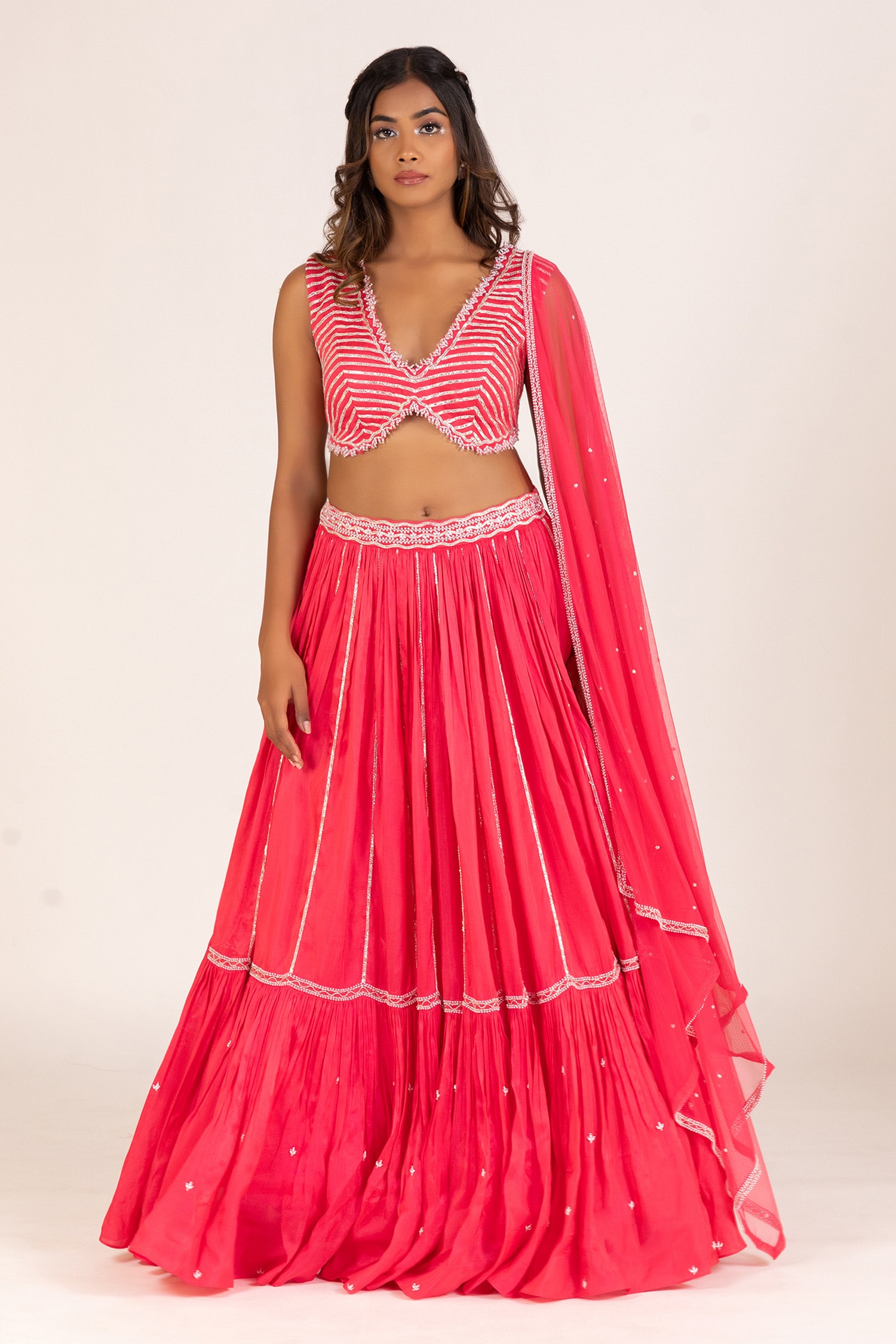 Buy Pink Tussar Silk Zardozi Pita Striped Kali Lehenga Blouse Set For ...