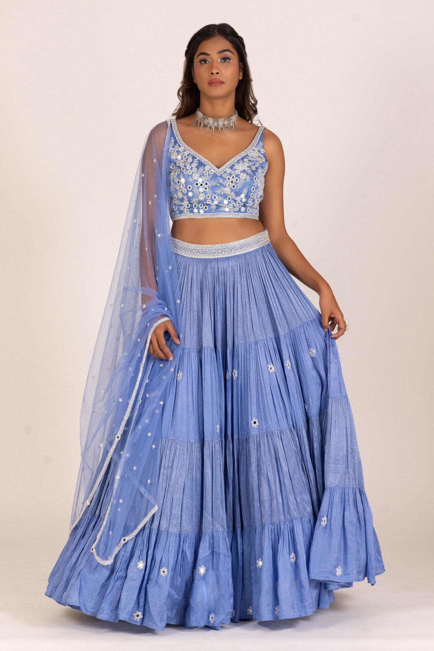 Buy Blue Zari Tissue Gypsie Mirror Bloom Tiered Lehenga Blouse Set For ...