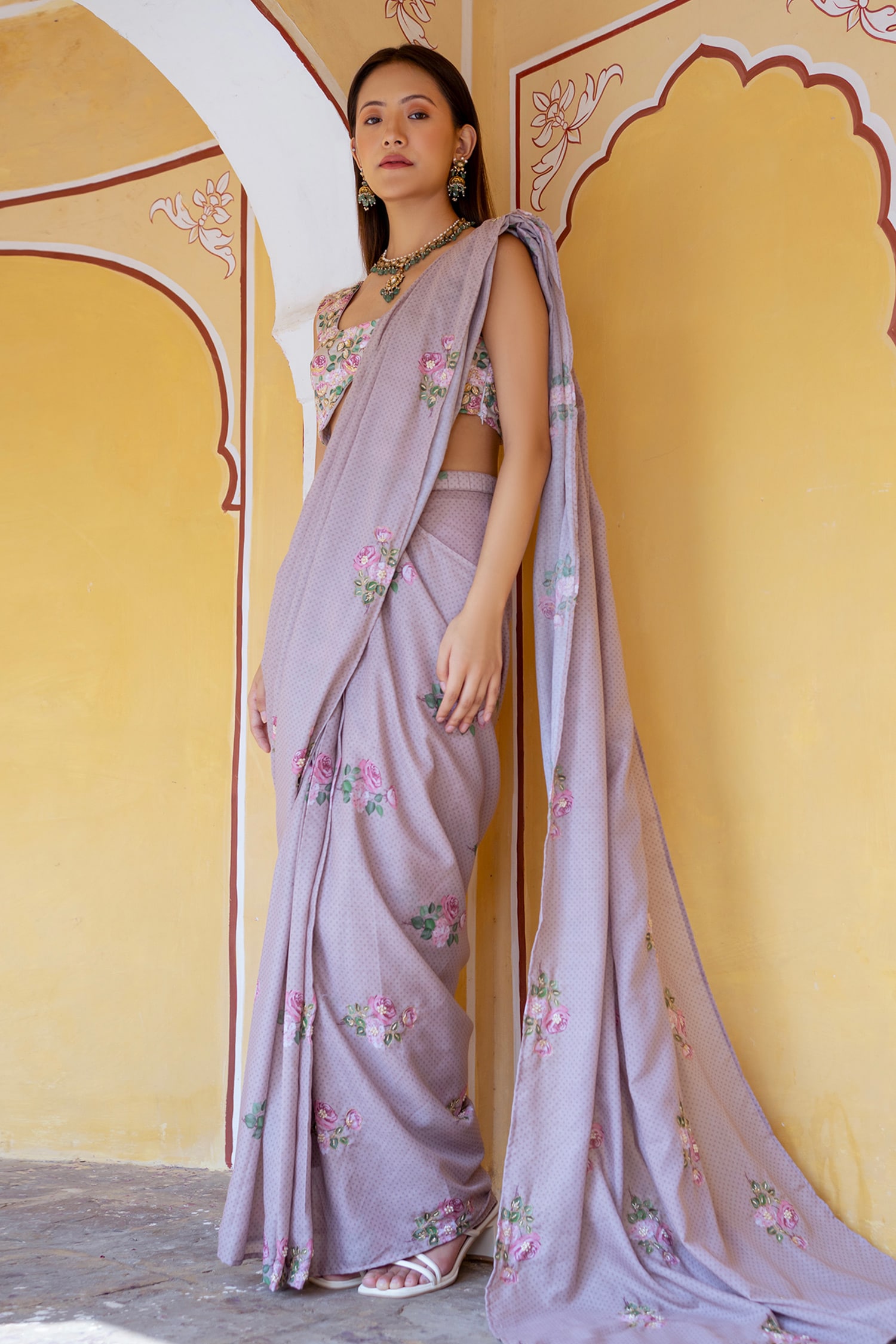 Buy Brown Cambric Embroidered Floral Print Pre-draped Saree With Blouse ...