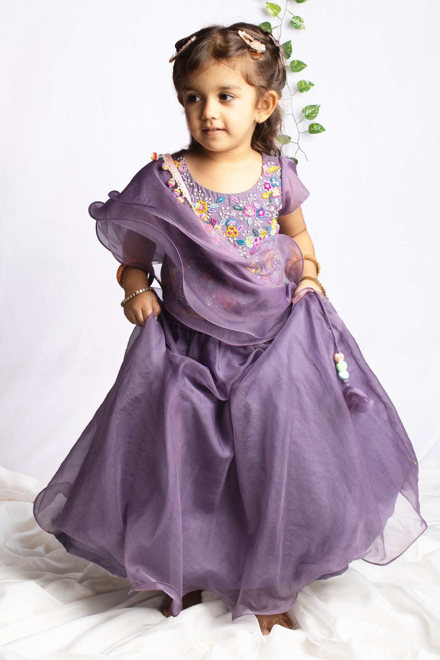 Buy Purple Organza Hand Embroidery Floral Blouse Lehenga Set For Girls ...