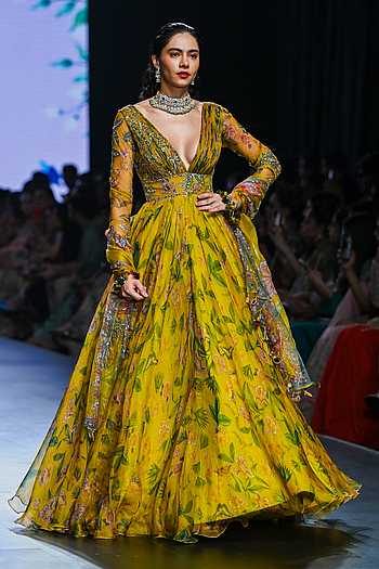Buy Yellow Organza Embellished Floral Ava Blossom Pattern Anarkali With ...